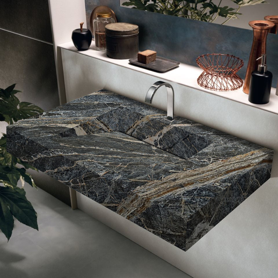 Adriatic Black Marble Modern Rectangular Sink Wall-mount Bathroom Sink ...