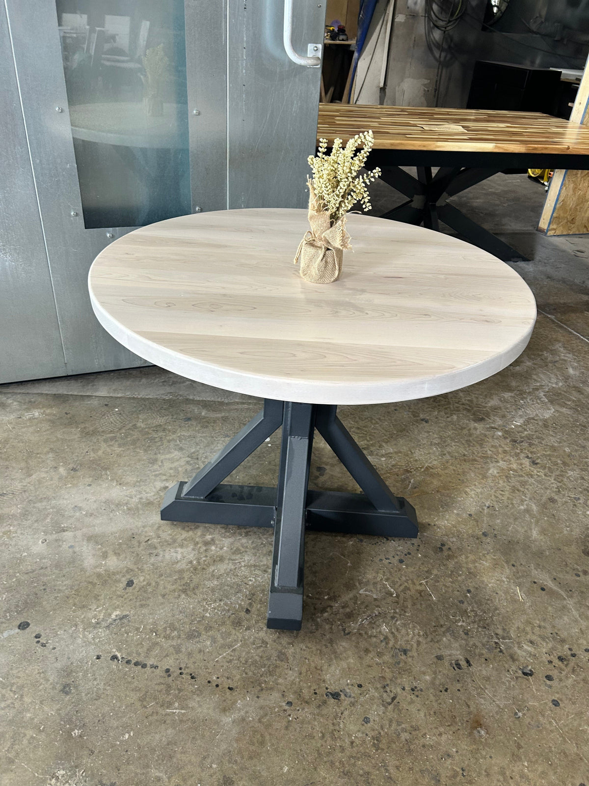 36” round dining table with metal base — Farmhouse Kitchen and Bath