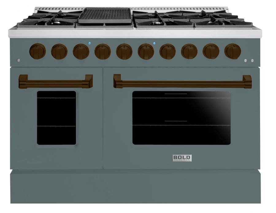 HALLMAN BOLD 48" Dual Fuel Range, Blue Grey, Bronze Trim HBRDF48BZGR ...